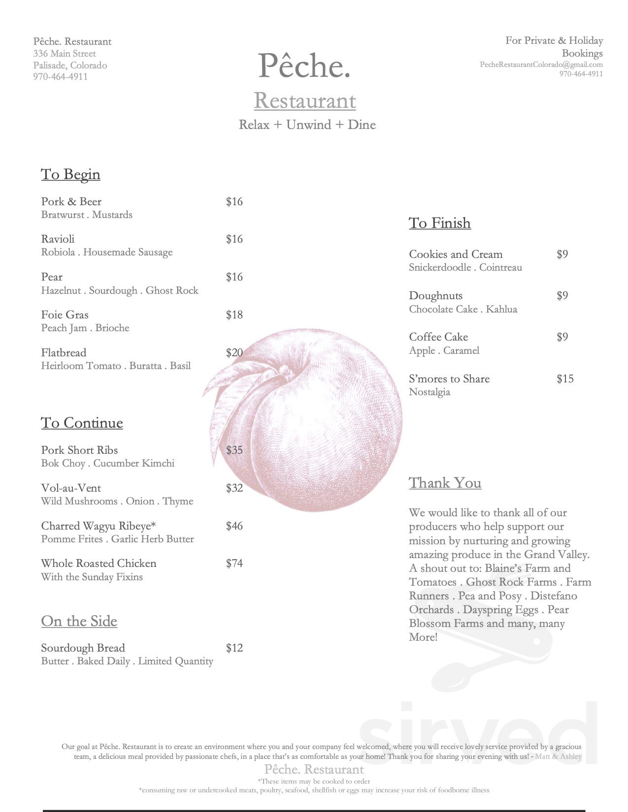 Pêche. Restaurant menus in Palisade, Colorado, United States