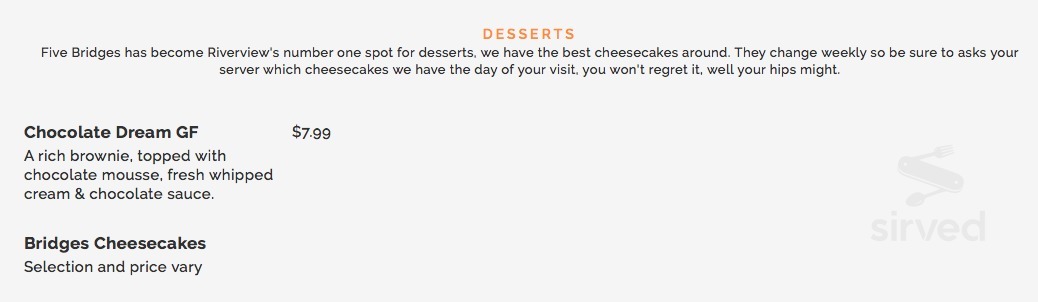 Five Bridges Bar & Grill menu in Riverview, New Brunswick, Canada