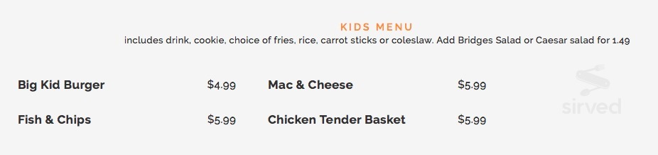 Five Bridges Bar & Grill menu in Riverview, New Brunswick, Canada