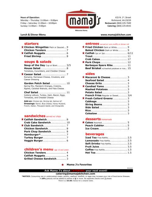 Mama J's Kitchen menu in Richmond, Virginia, USA
