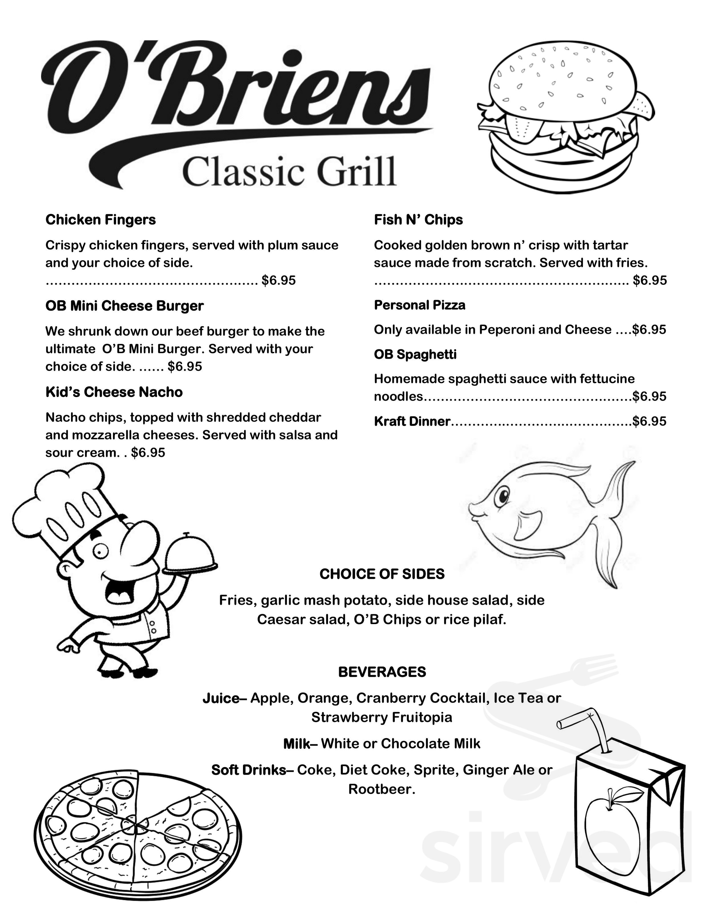 O'Briens Classic Grill menu in Kapuskasing, Ontario, Canada