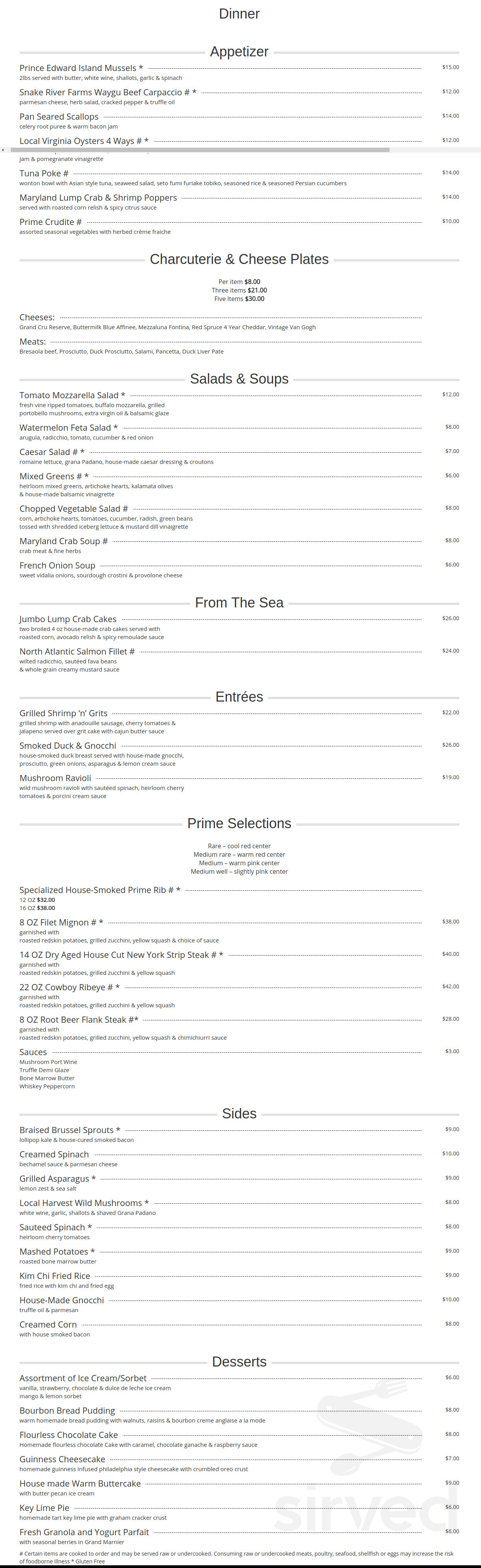 Menu - McLean VA's American Prime | Sirved