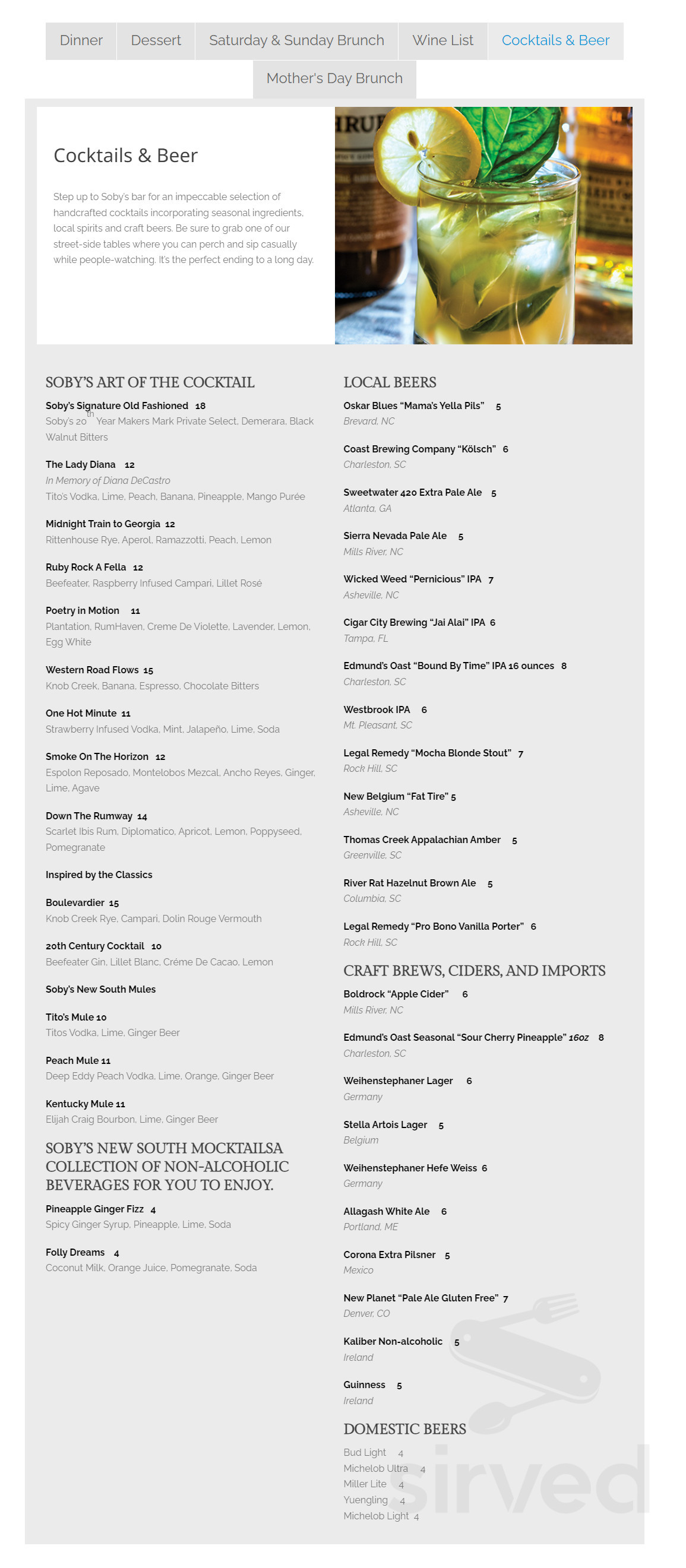 Soby's menu in Greenville, South Carolina, USA