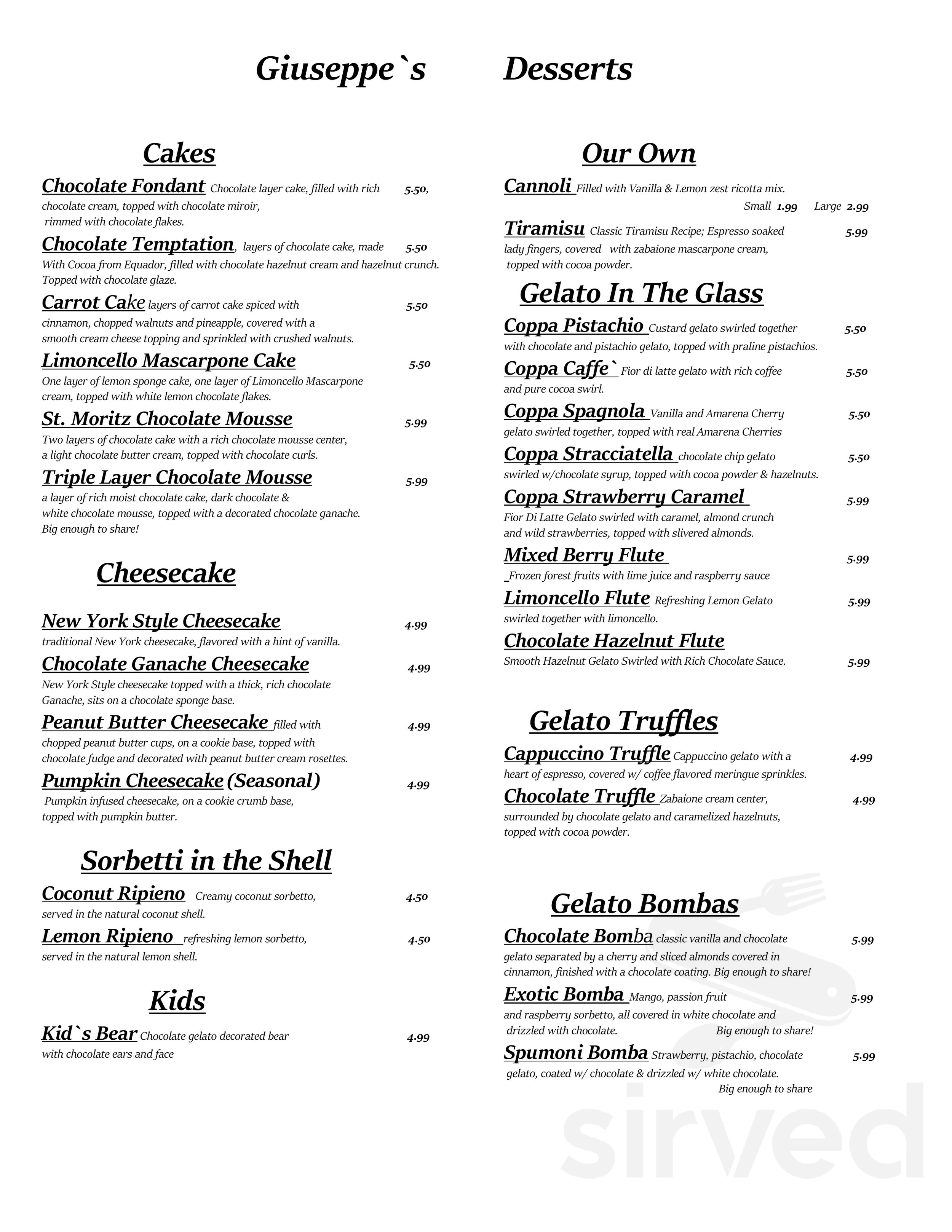 Giuseppe's menu in Newburyport, Massachusetts, USA