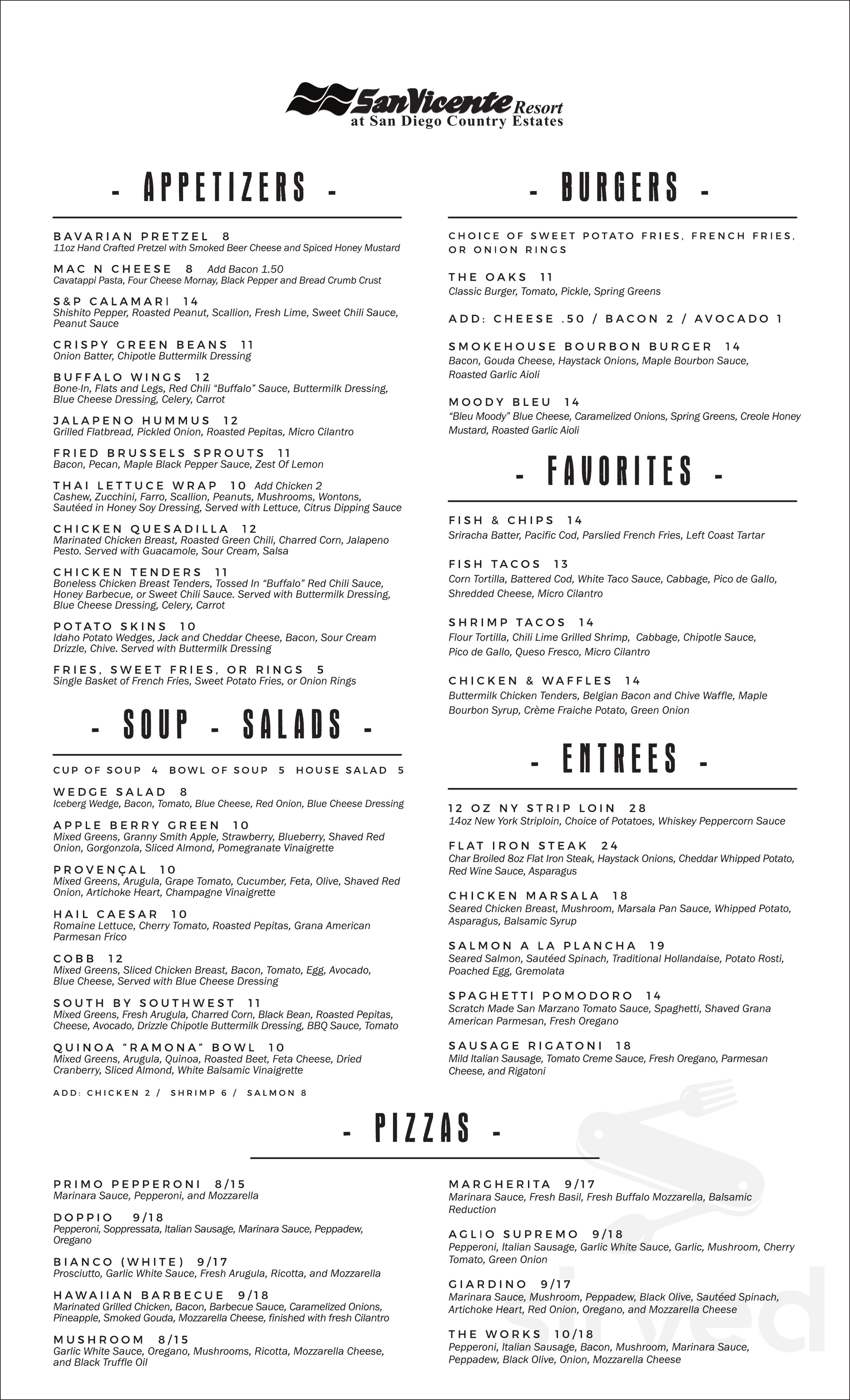 Menu - Ramona CA's San Vicente Golf Resort | Sirved