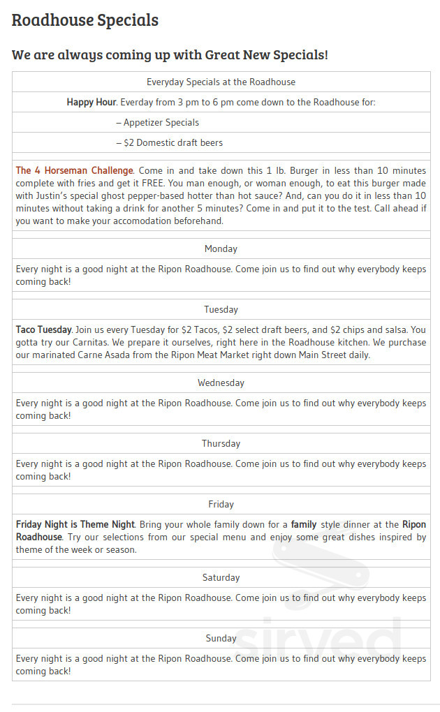 Menu for Ripon Roadhouse in Ripon, CA | Sirved