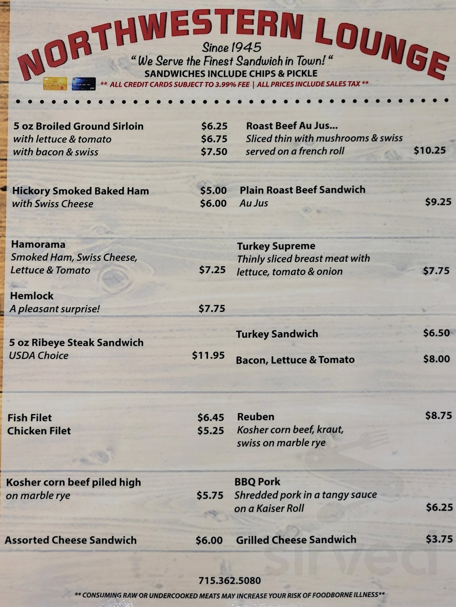 Northwestern Hotel menu in Rhinelander, Wisconsin, USA