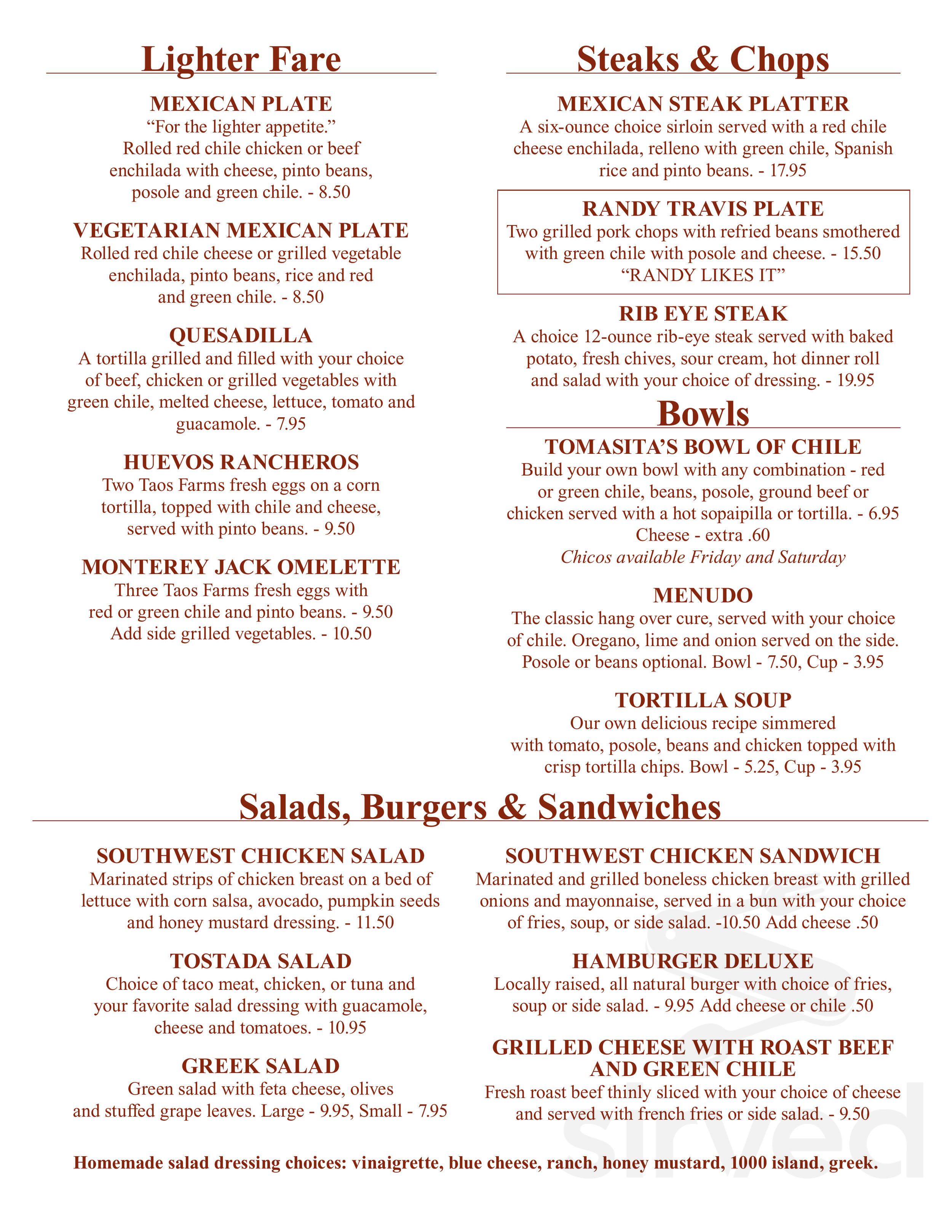 Menu - Albuquerque NM's Tomasita's Albuquerque New Mexican Restaurant ...