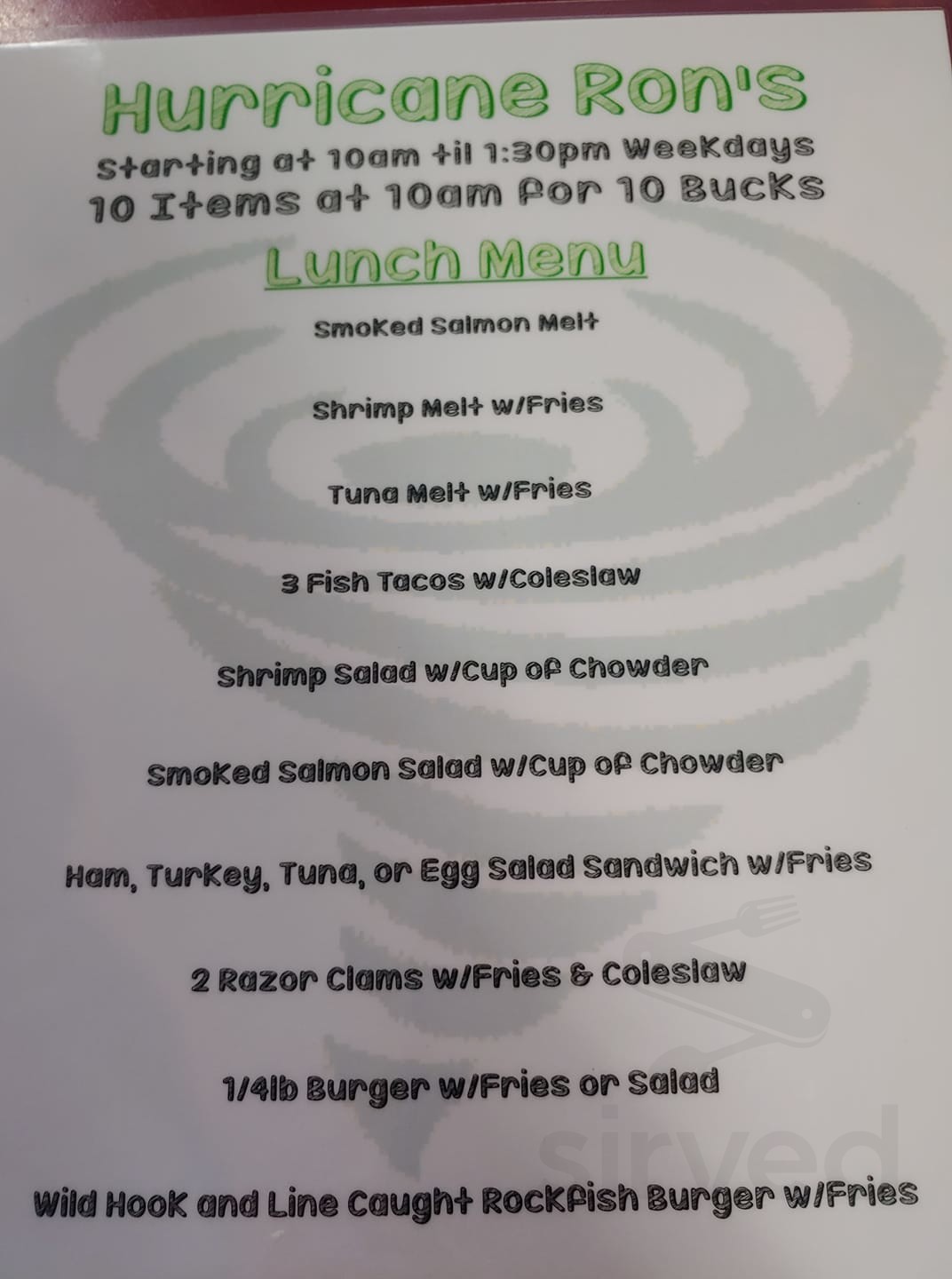 Hurricane Ron's menu in Astoria, Oregon, USA
