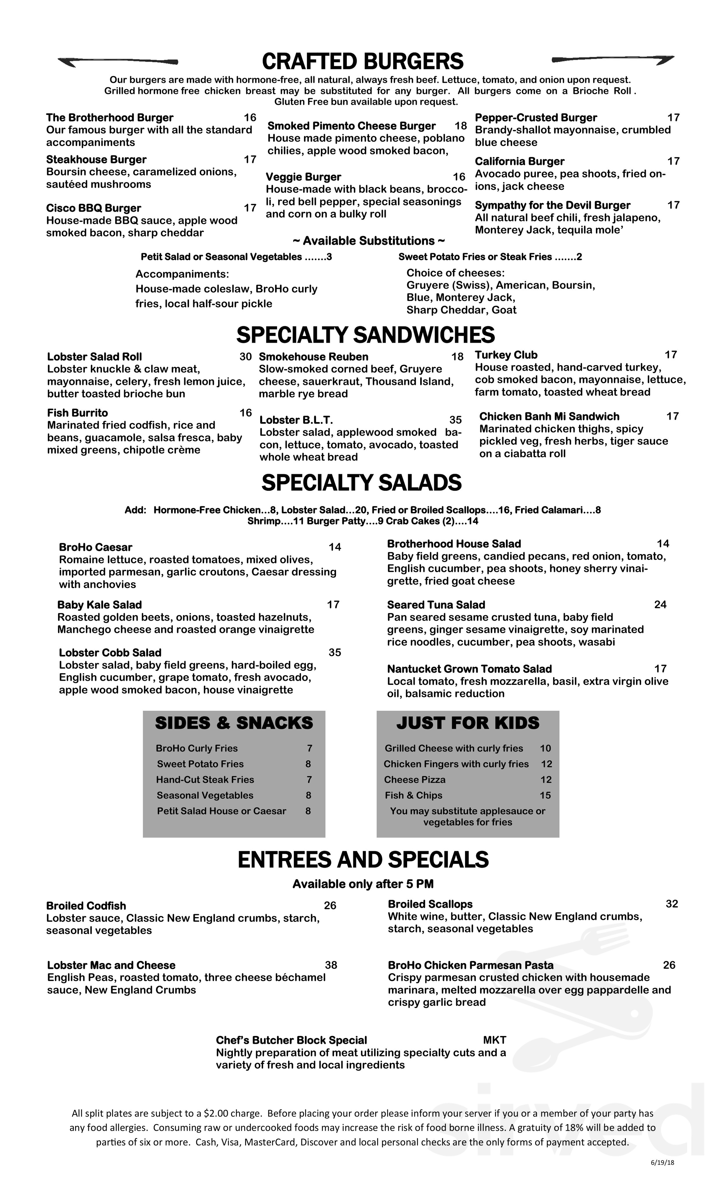 Brotherhood of Thieves menu in Nantucket, Massachusetts, USA