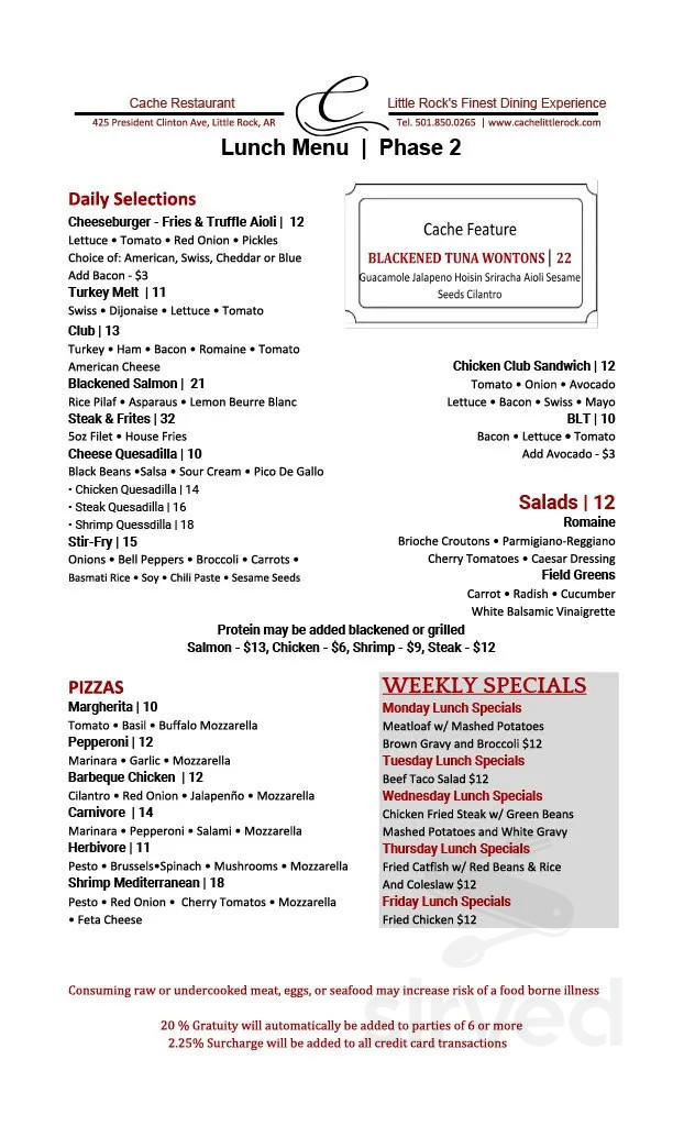 Cache Restaurant menu in Little Rock, Arkansas, USA