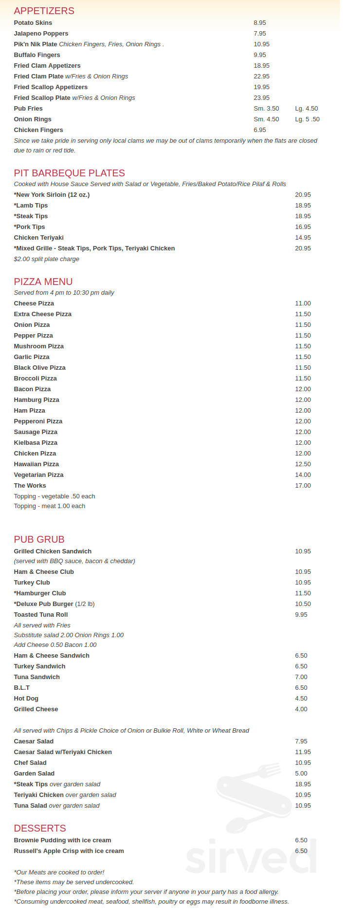 Choate Bridge Pub menu in Ipswich, Massachusetts, USA