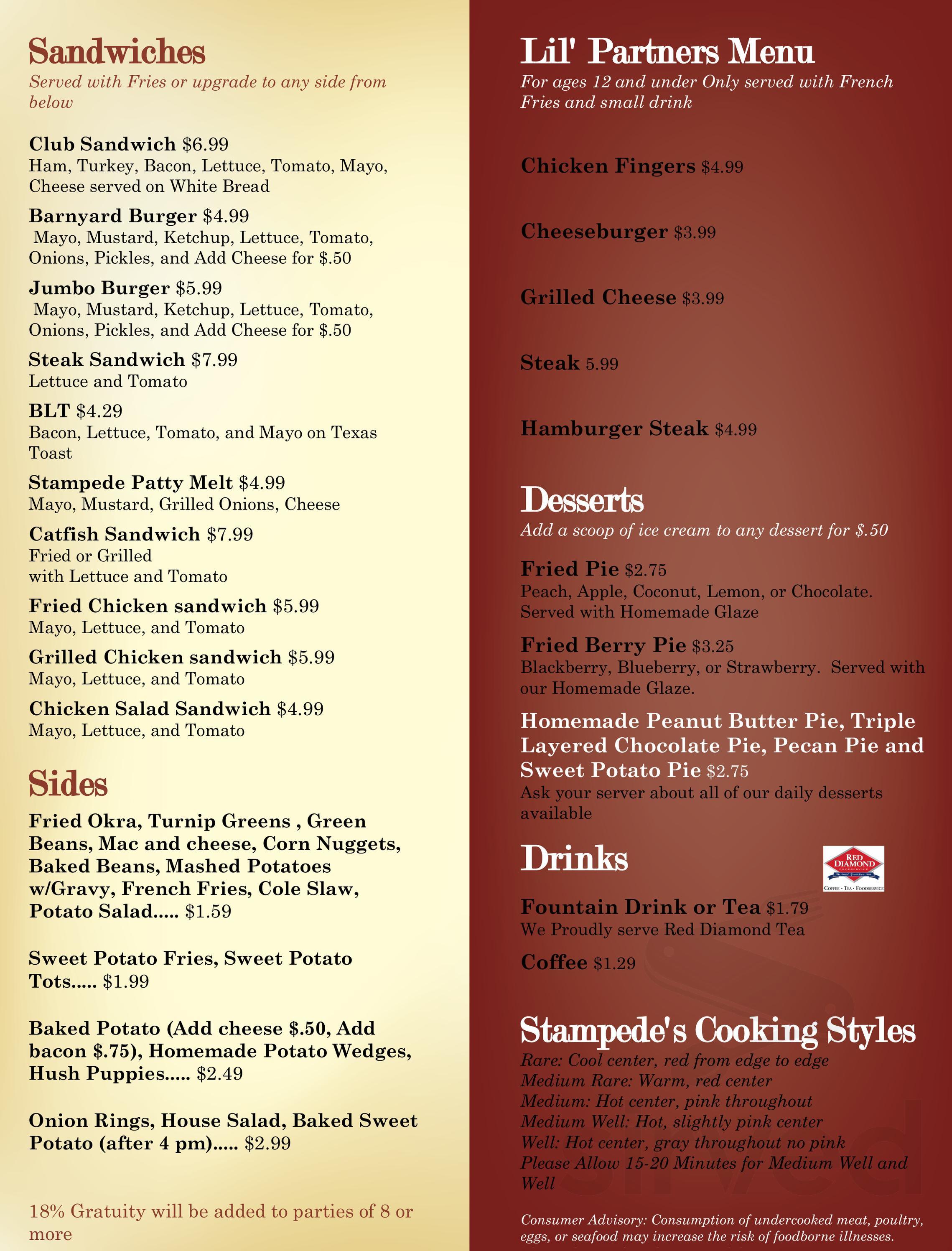 Menu - Talladega AL's Stampede Steakhouse | Sirved