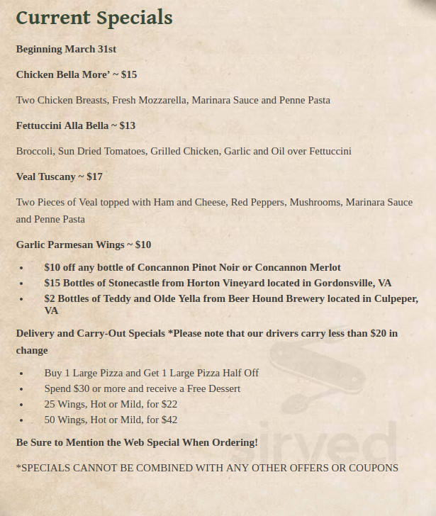 Bella Cucina of the Lake menus in Locust Grove, Virginia, United States