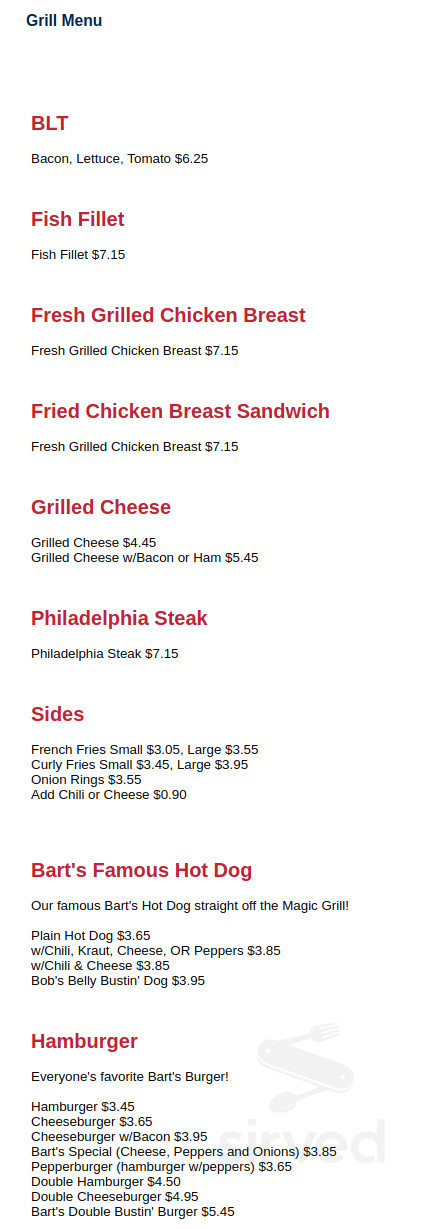 Bart's Drive-In Restaurant menus in Windsor, Connecticut, United States