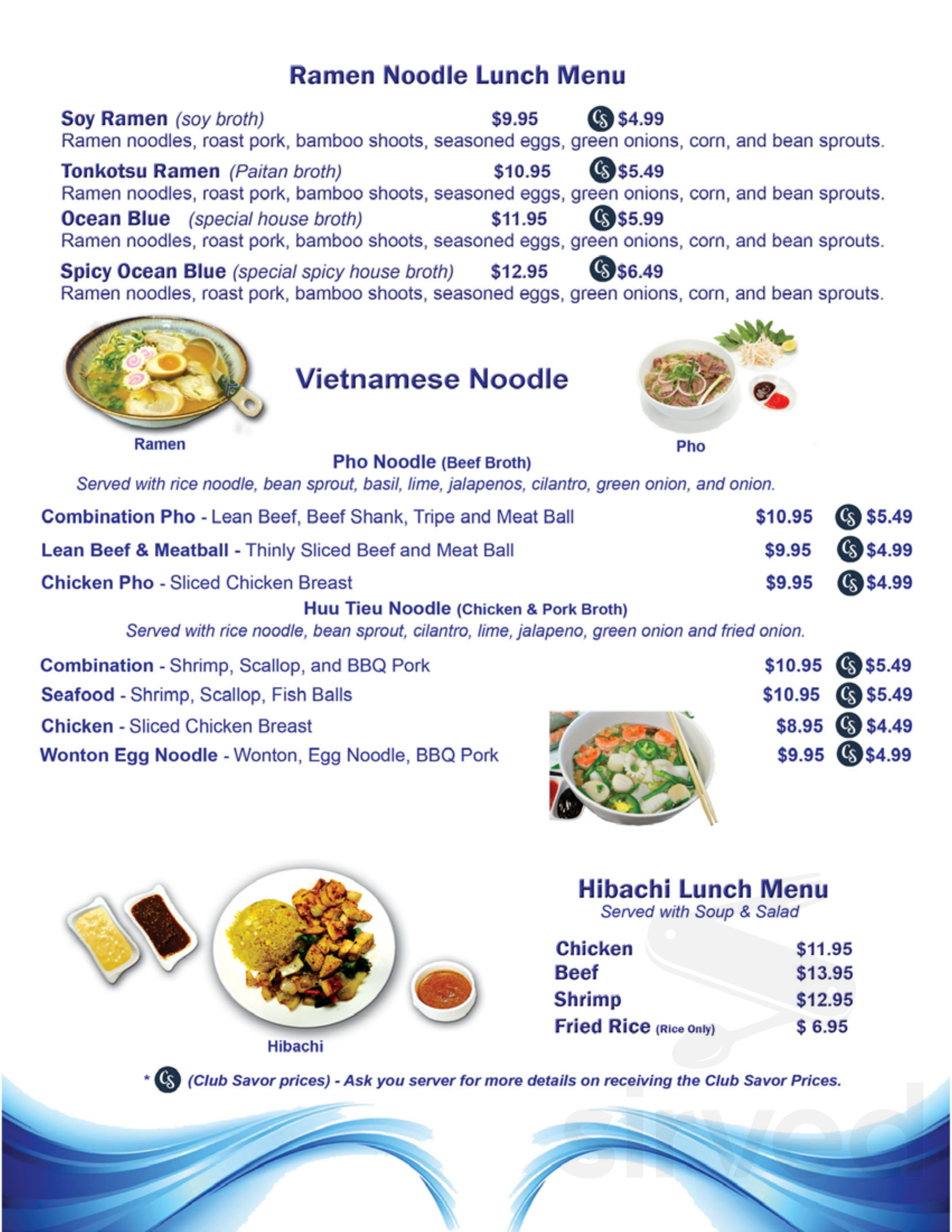 Ocean Blue Asian Fusion menu in Clearwater, Florida, USA