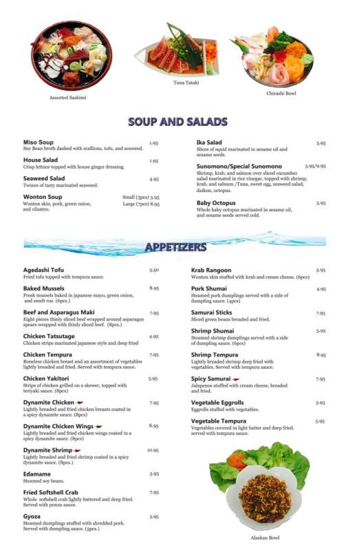 Ocean Blue Asian Fusion menu in Clearwater, Florida, USA