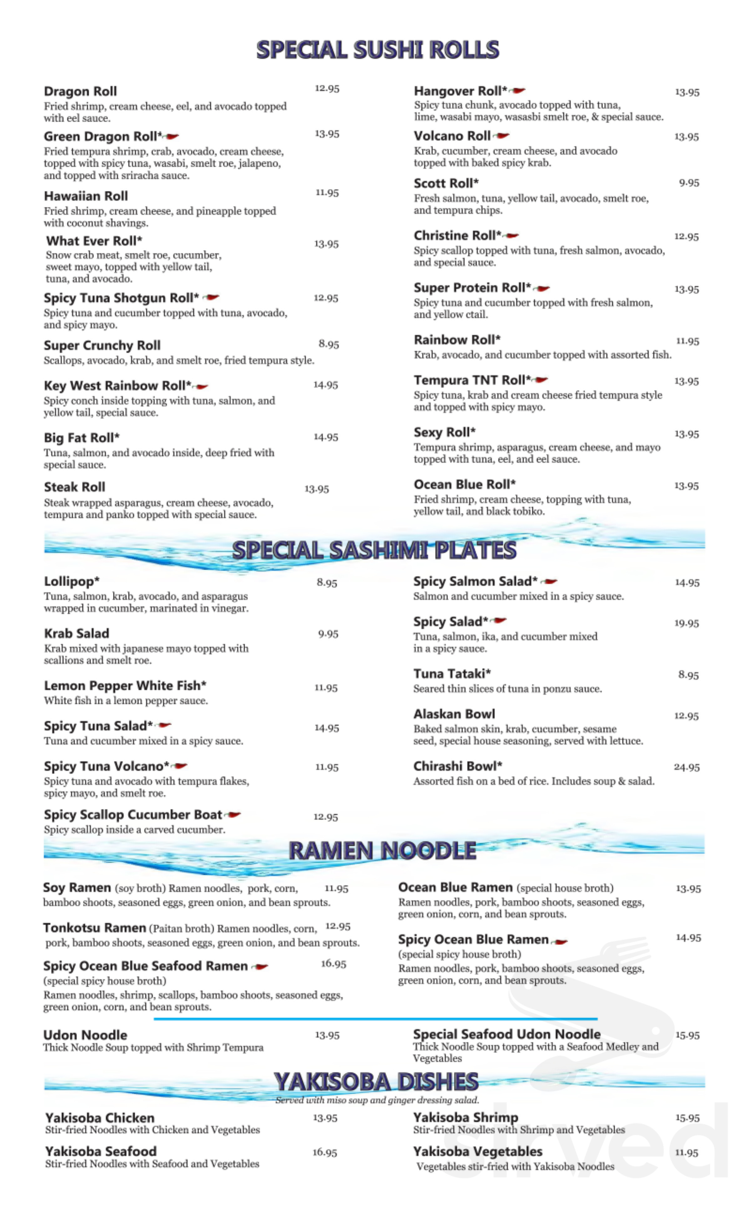 Ocean Blue Asian Fusion menu in Clearwater, Florida, USA