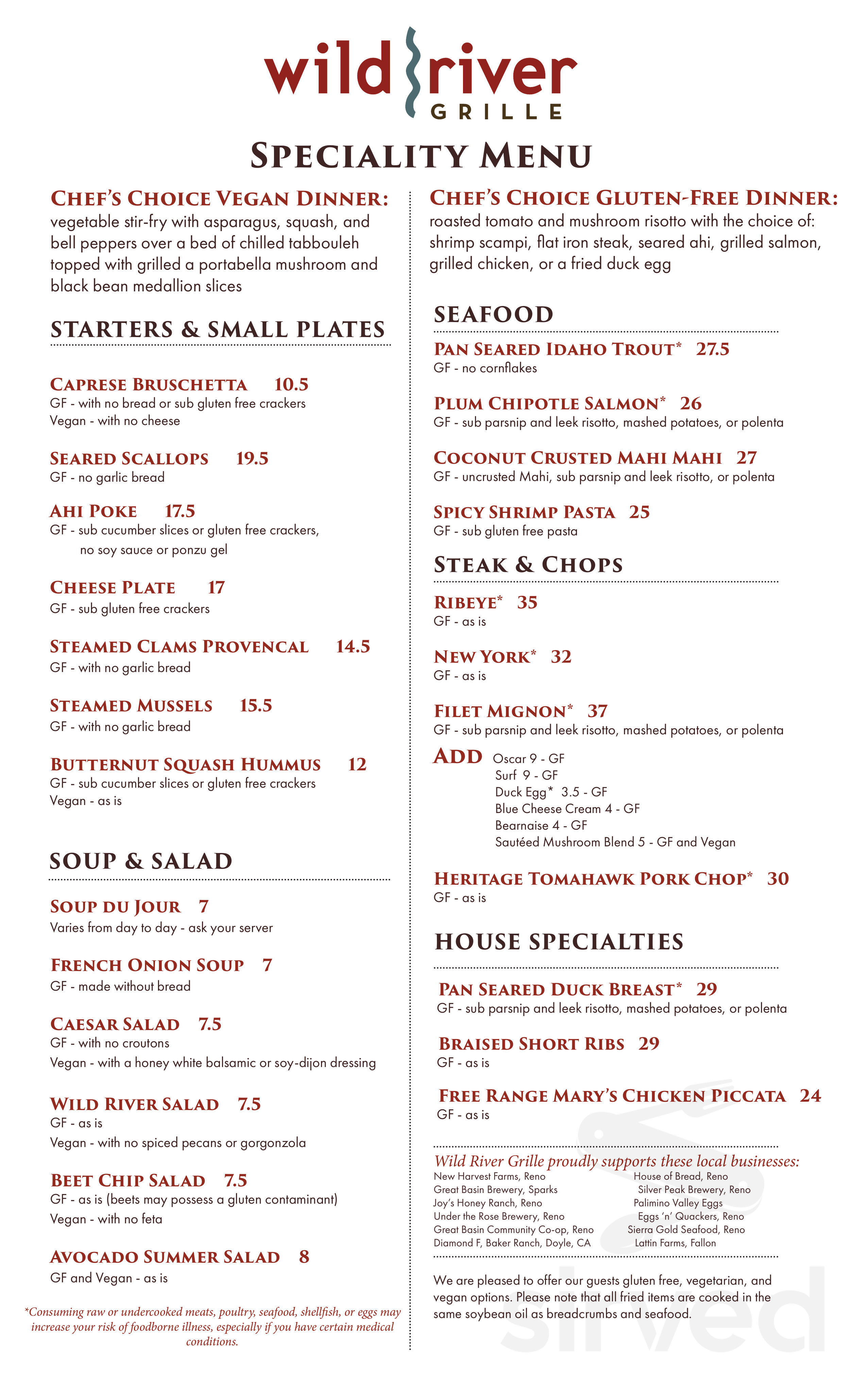 Wild River Grille menu in Reno, Nevada, USA