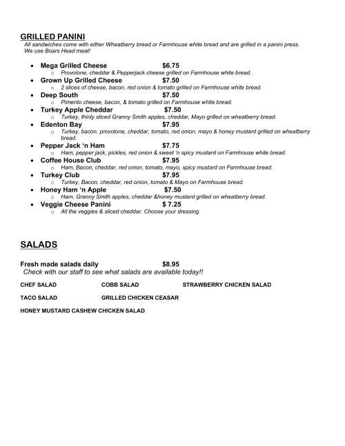 Edenton Coffee House menu in Edenton, North Carolina, USA