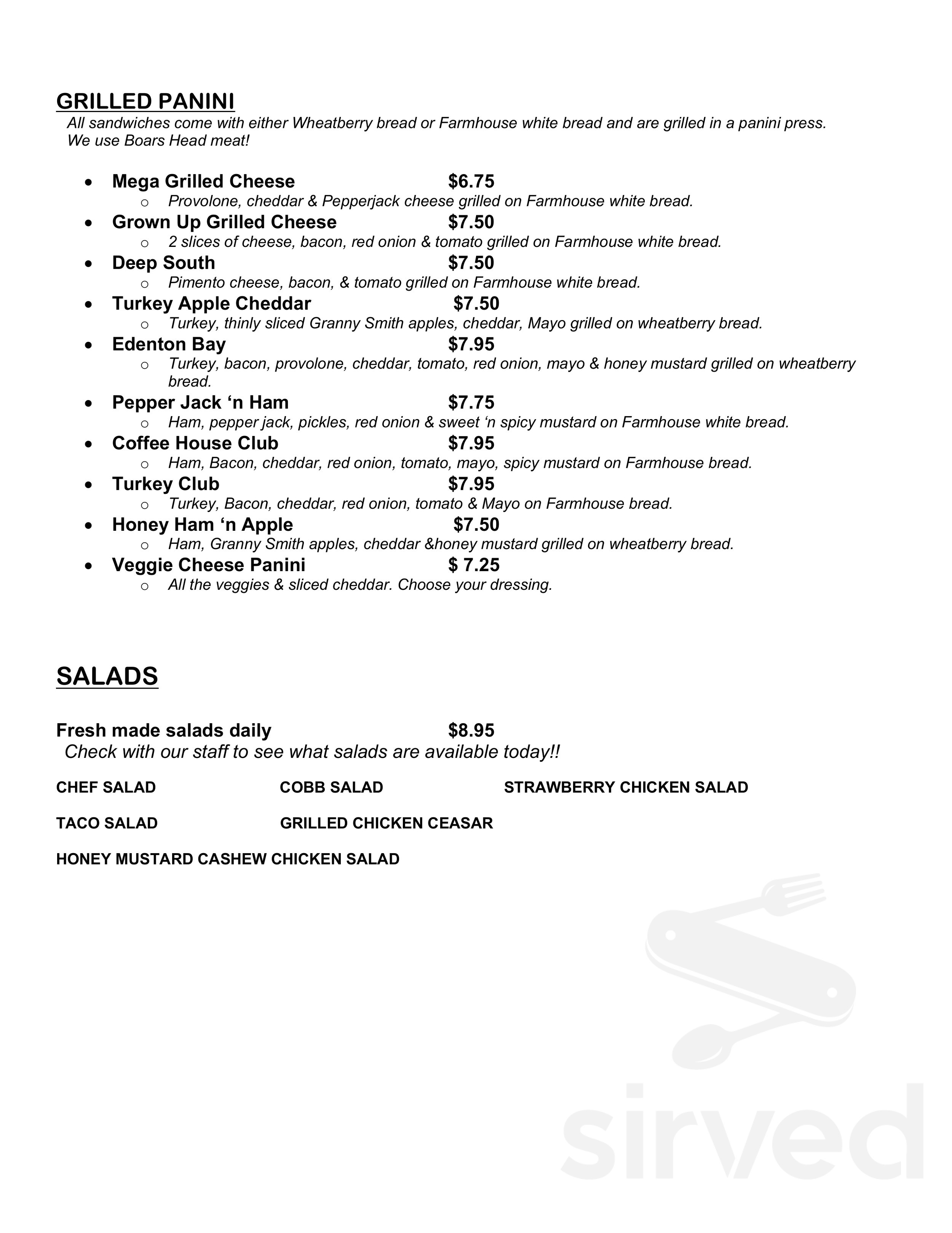 Edenton Coffee House Menu In Edenton North Carolina Usa