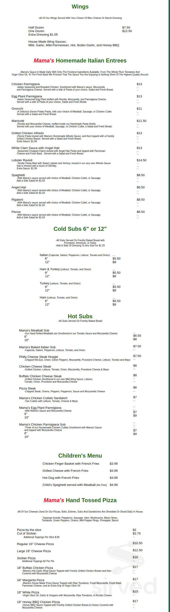 Mama Randazzo's Pizzeria menu in Altoona, Pennsylvania, USA