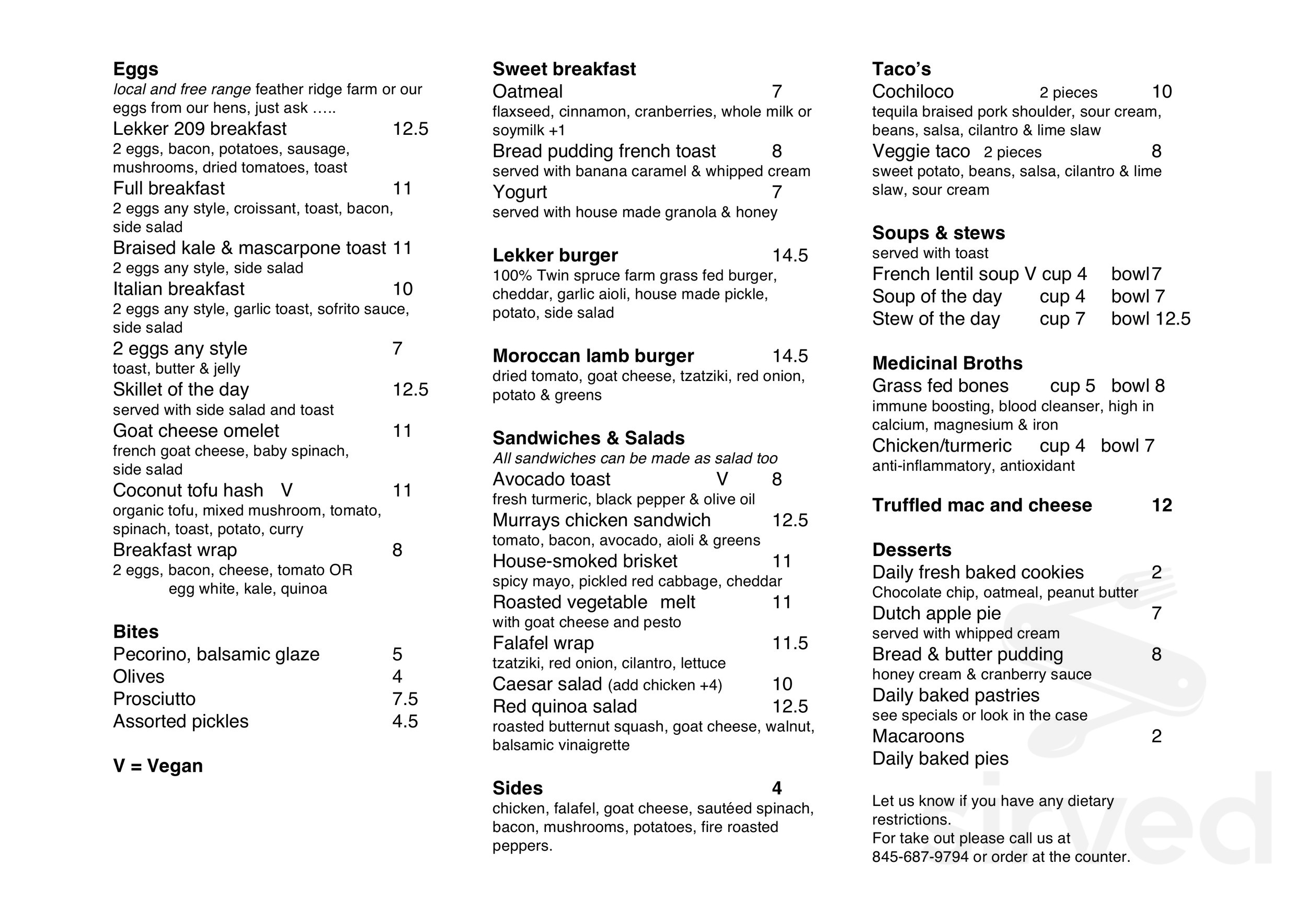 Lekker menu in Kingston, New York, USA