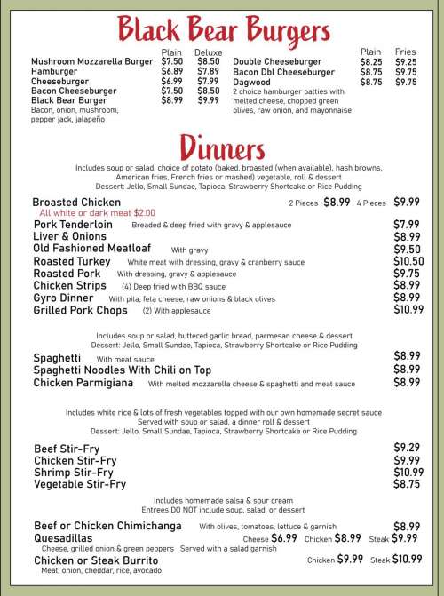 Black Bear Family Restaurant menu in Appleton, Wisconsin, USA