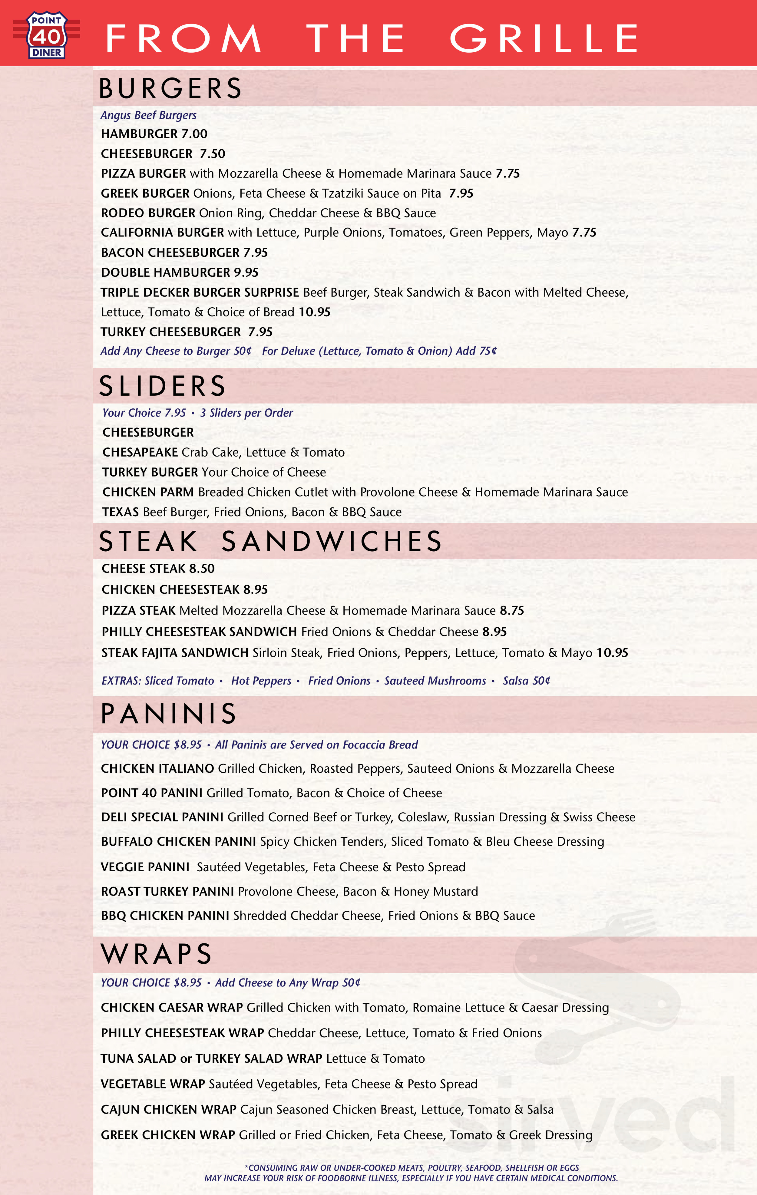 Point 40 Diner menu in Monroeville, New Jersey, USA