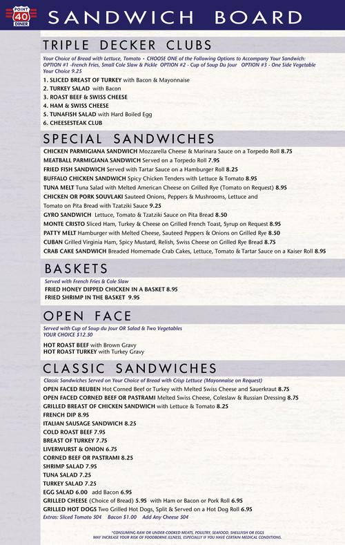 Point 40 Diner menu in Monroeville, New Jersey, USA