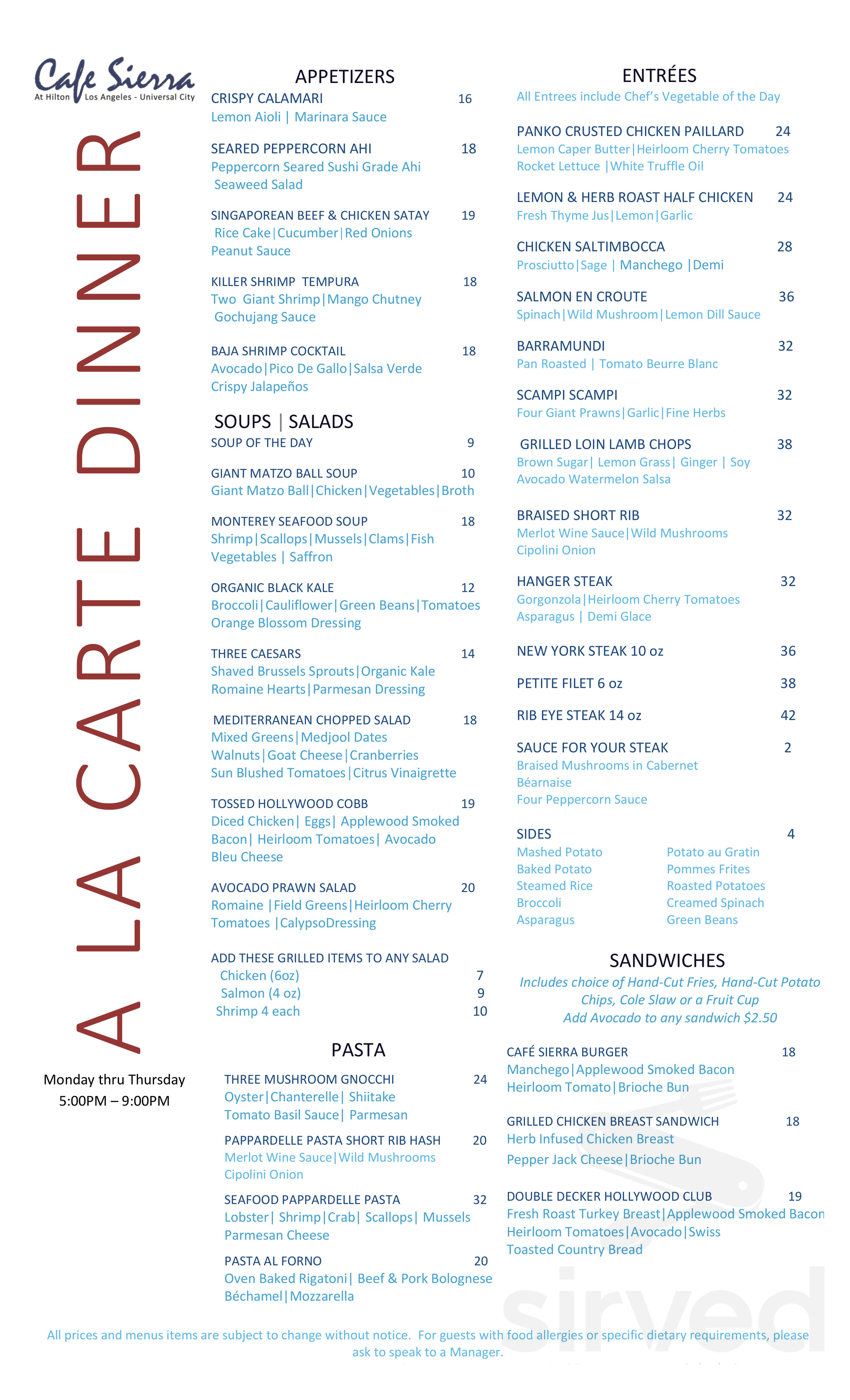 Cafe Sierra menus in Universal City, California, United States