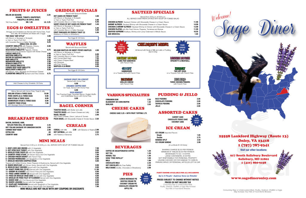 Menu for Sage Diner in Onley, VA | Sirved