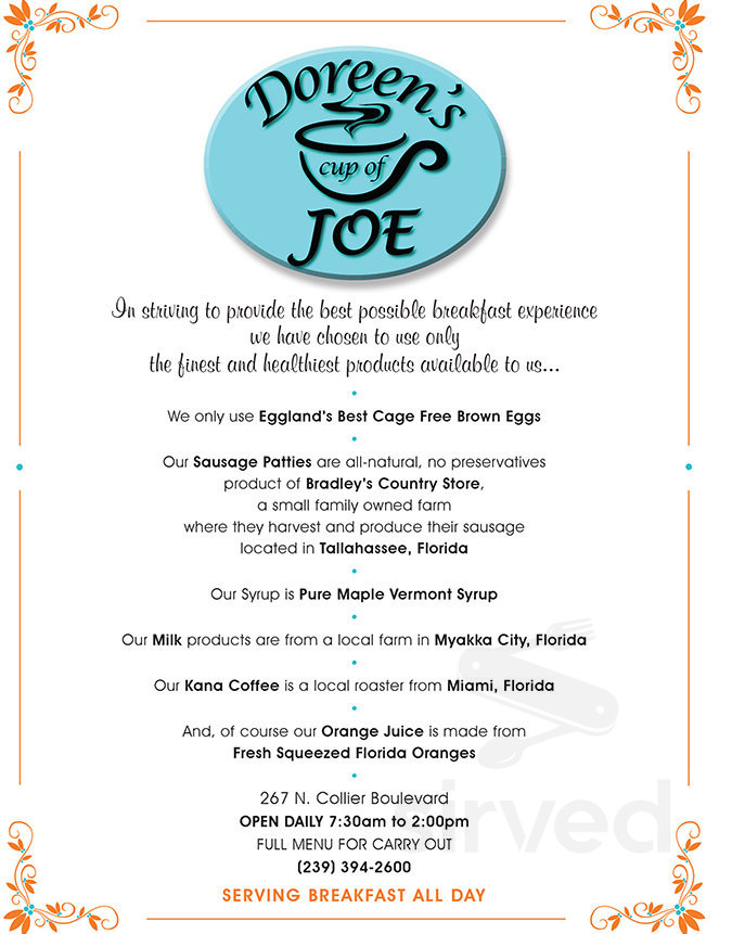 Doreen's Cup of Joe menu in Marco Island, Florida, USA