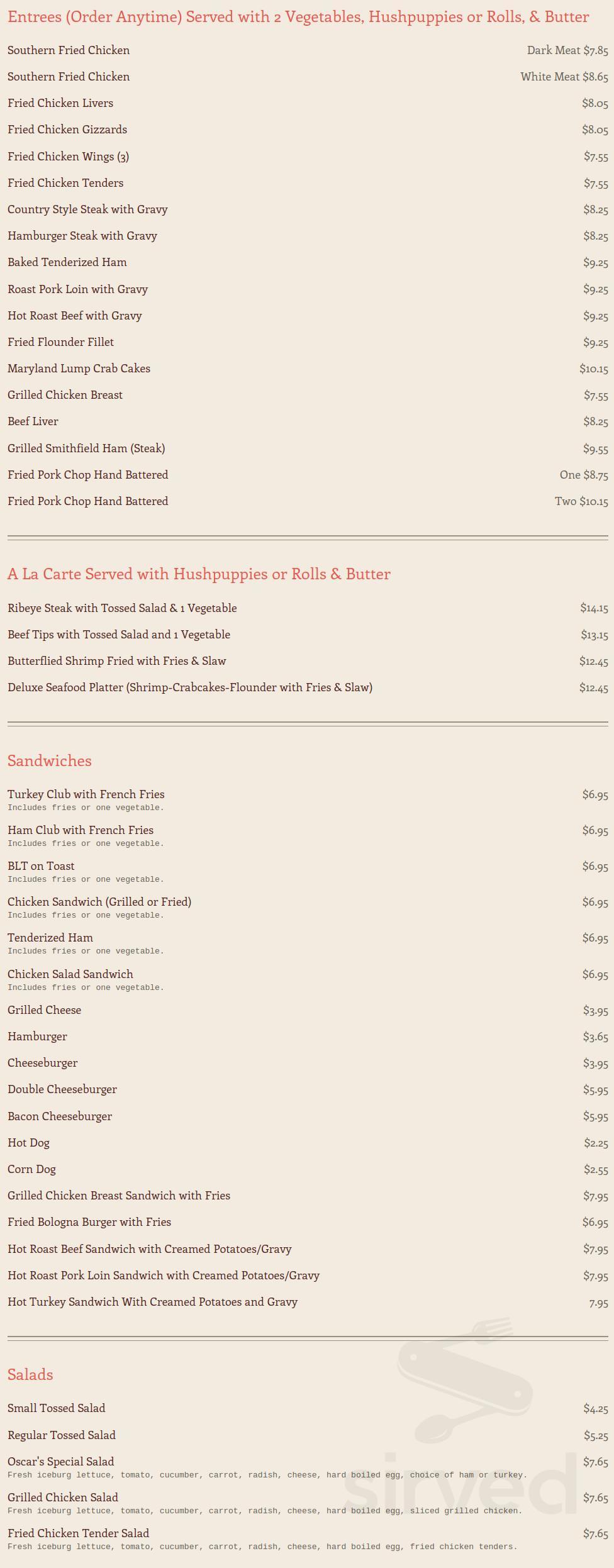 Oscar's Restaurant menus in Roanoke Rapids, North Carolina, United States