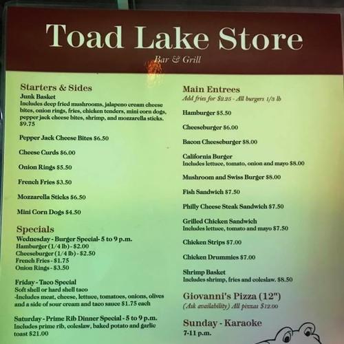 Toad Lake Store menu in Frazee, Minnesota, USA