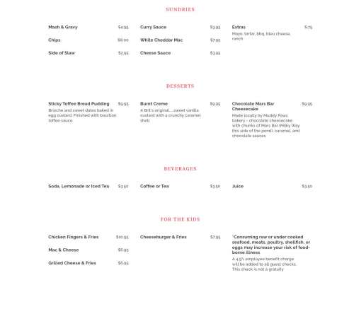 Brit's Pub menu in Minneapolis, Minnesota, USA