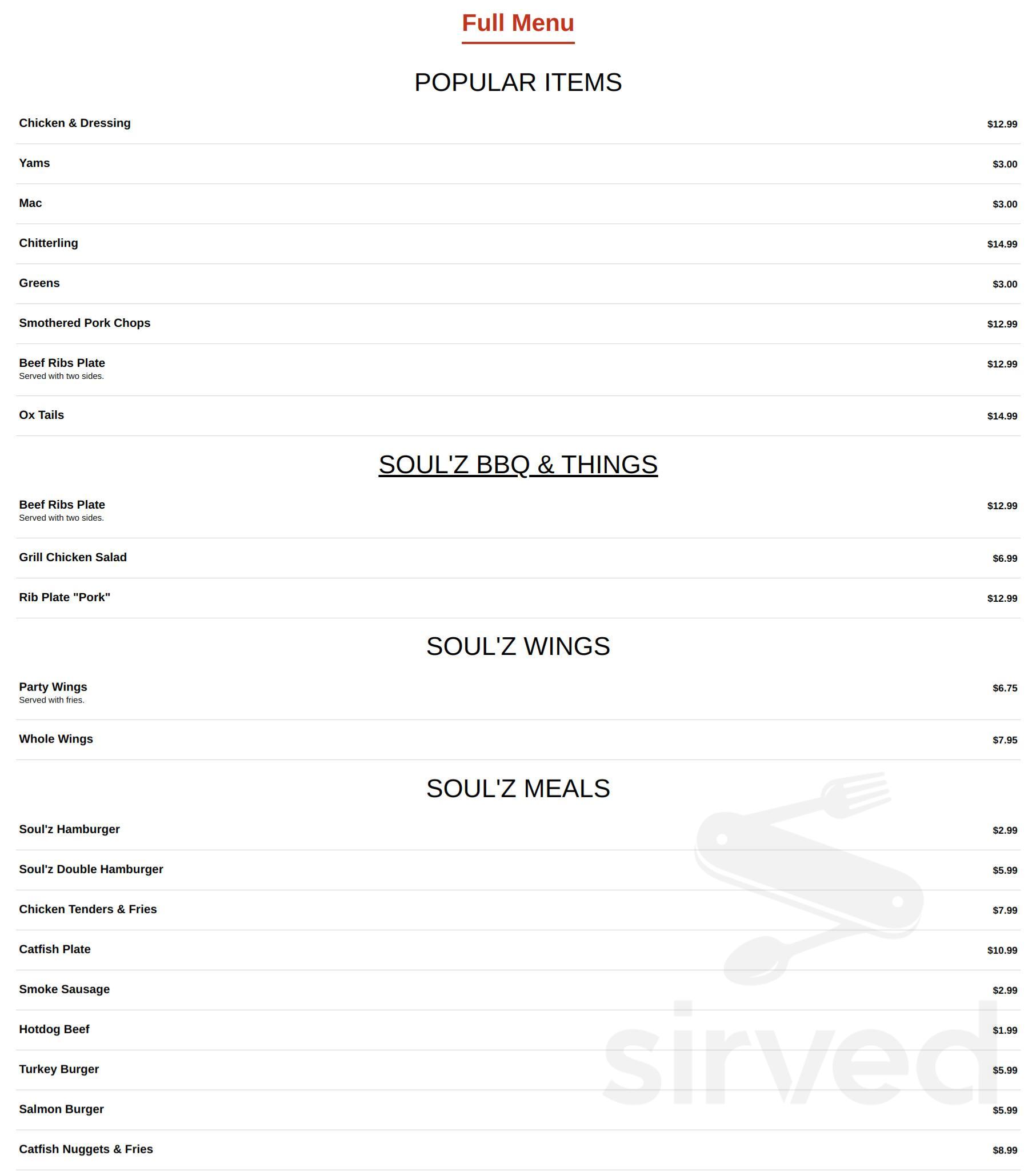 Soulz Cafe & House of Soul menu in Memphis, Tennessee, USA
