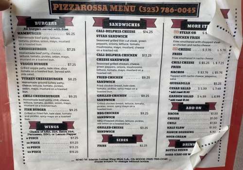 PIZZA ROSSA menu in Los Angeles, California, USA