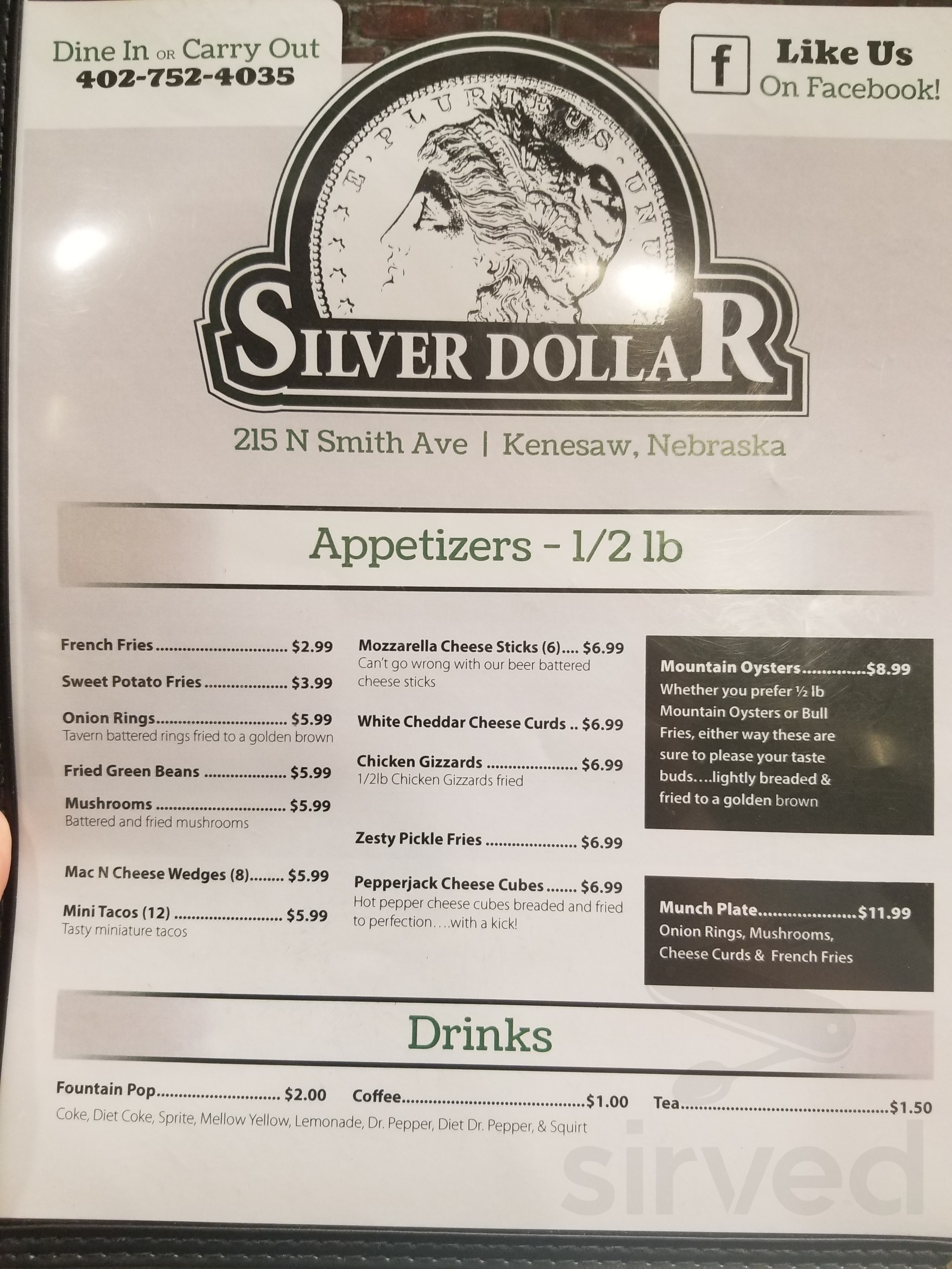 Silver Dollar Bar menu in Kenesaw, Nebraska, USA