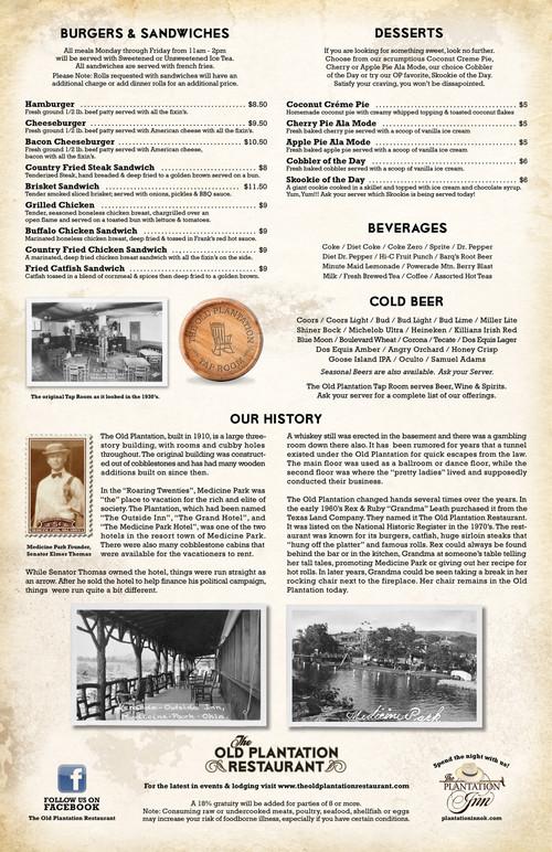 The Old Plantation Restaurant menu in Medicine Park, Oklahoma, USA