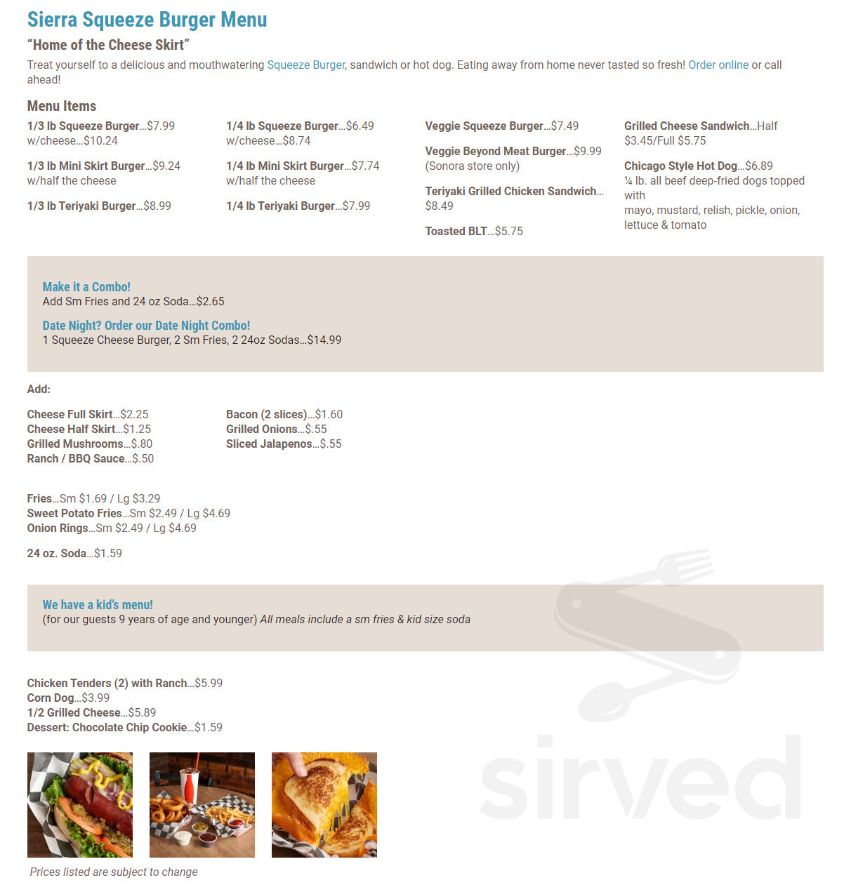 Sierra Squeeze Burger menus in Penn Valley, California, United States