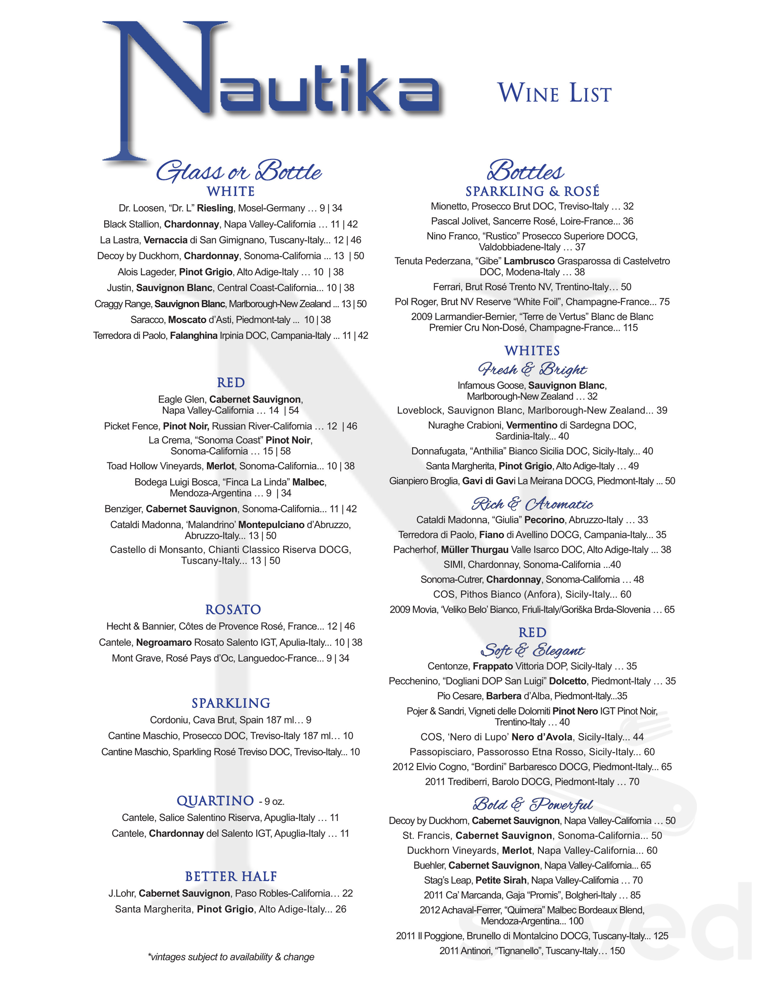 Nautika Restaurant & Bar menus in East Greenwich, Rhode Island, United ...