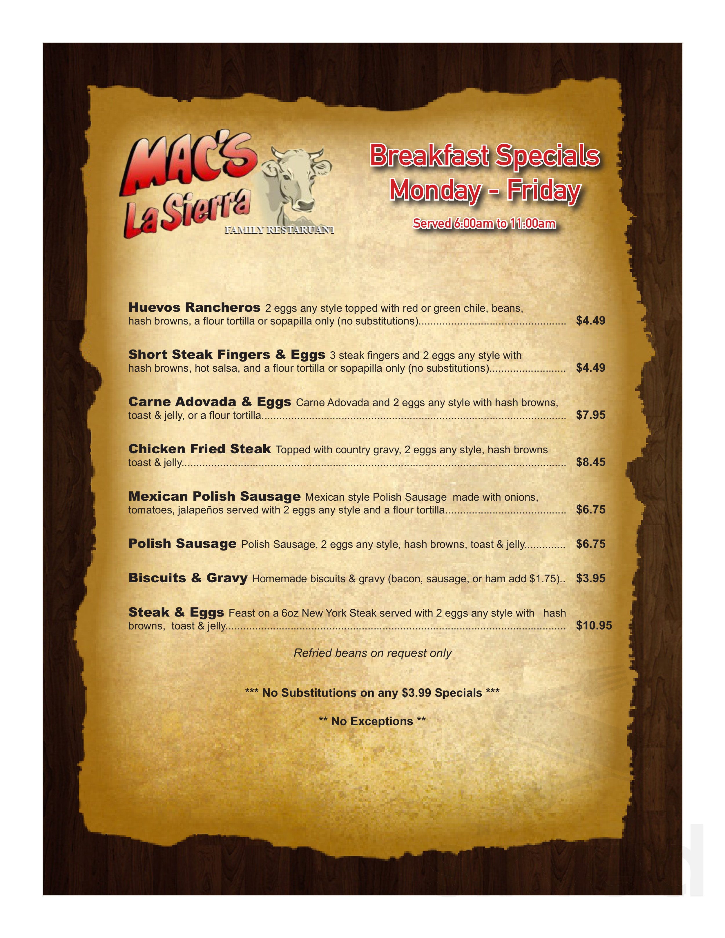 Mac's La Sierra Coffee Shop menu in Albuquerque, New Mexico, USA