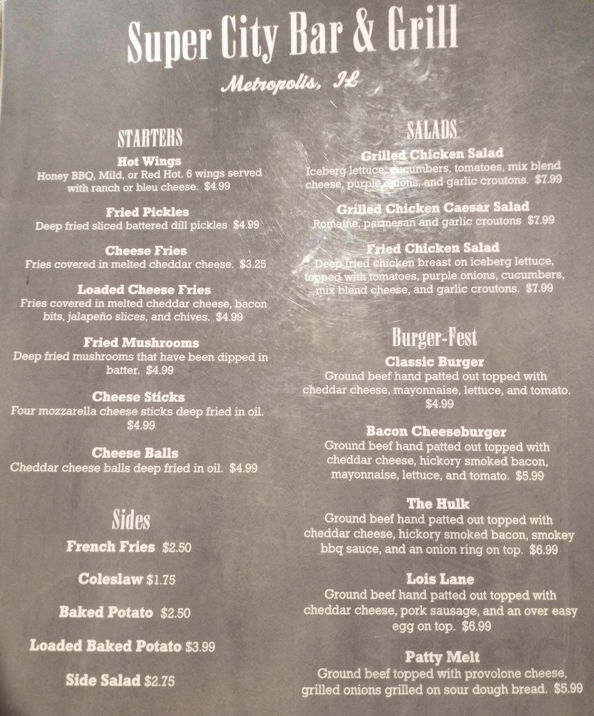 Super City Bar & Grill menu in Metropolis, Illinois, USA