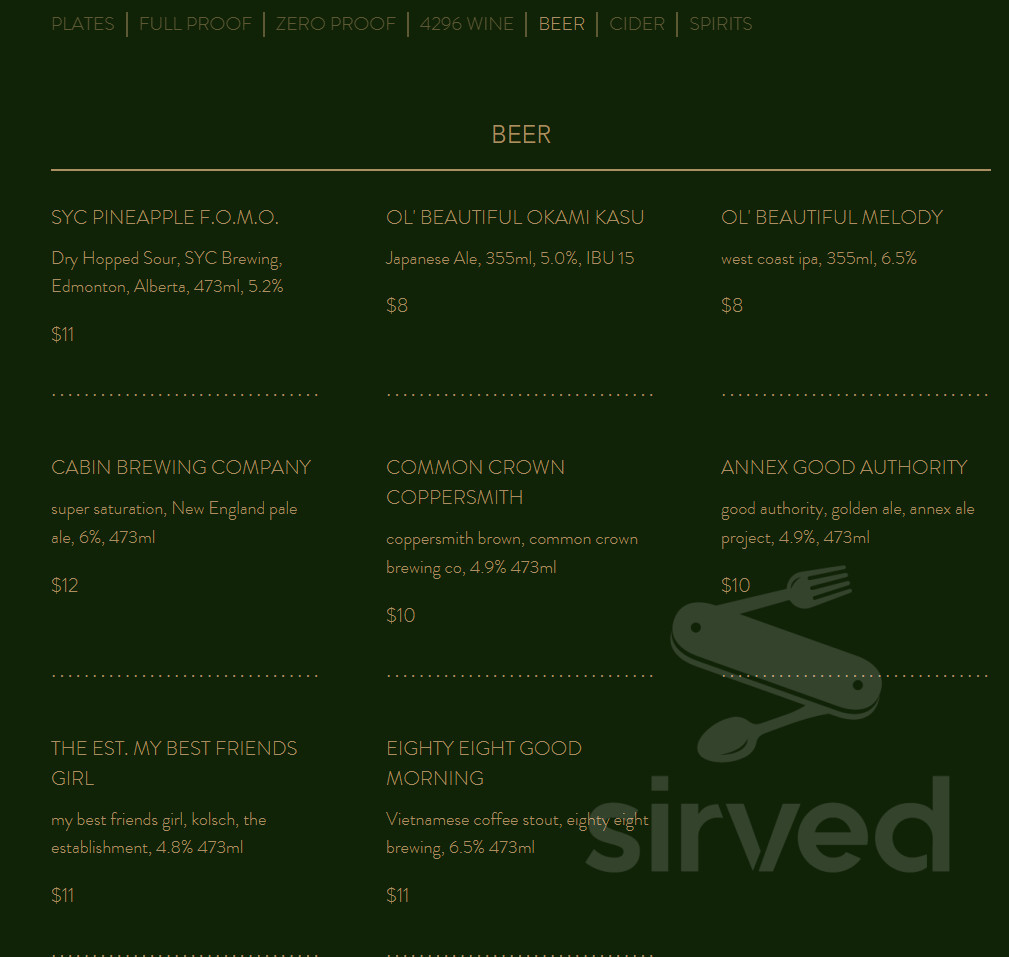 4296 menu in Canmore, Alberta, Canada