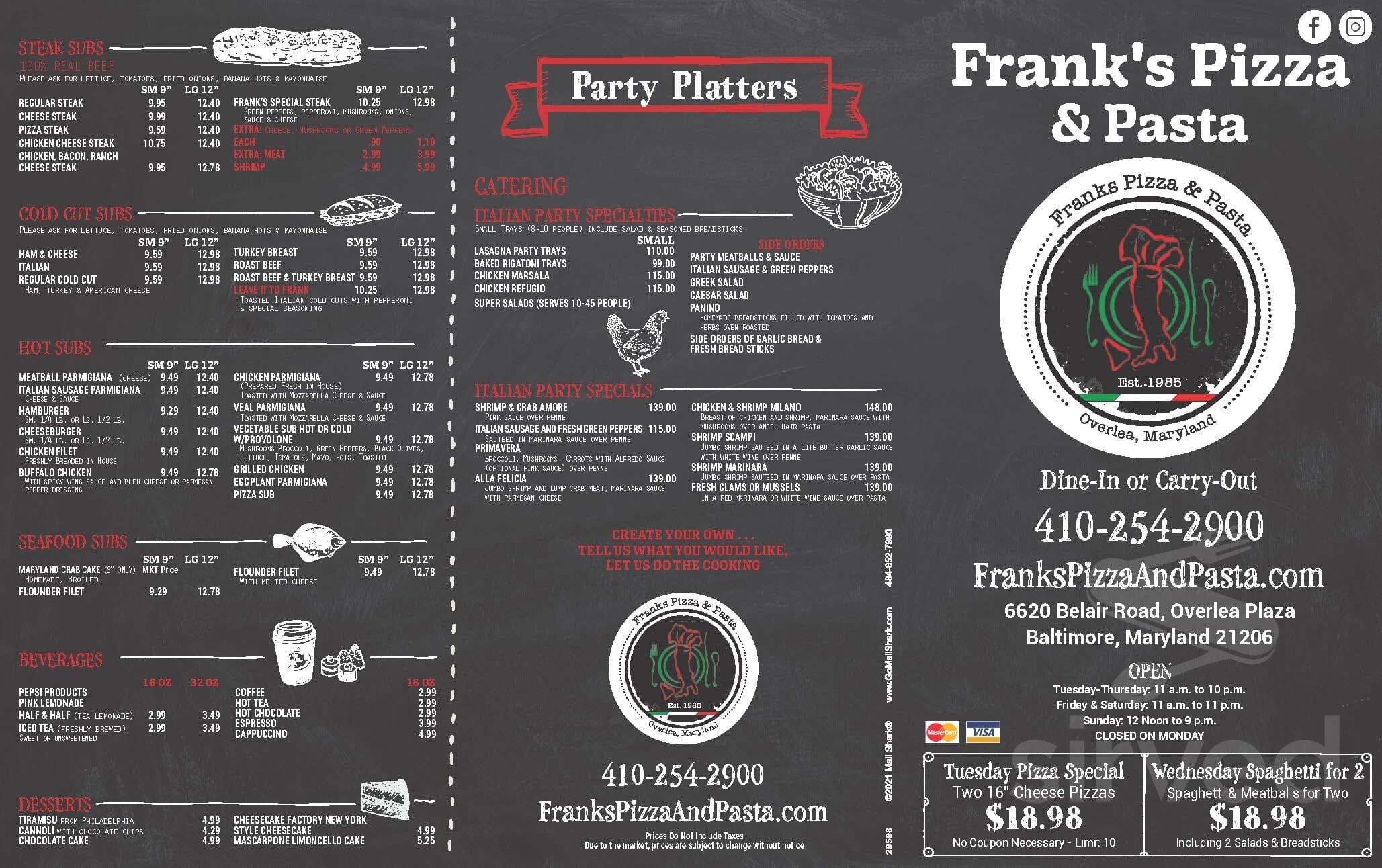 Frank's Pizza & Pasta menu in Baltimore, Maryland, USA