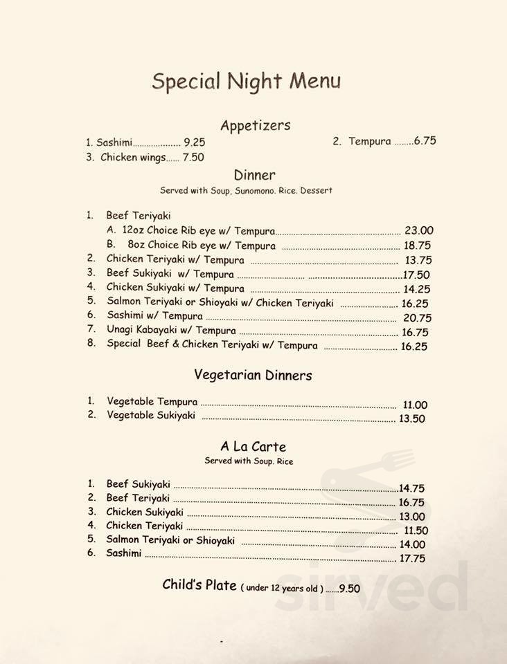 Tokyo Garden menu in Fresno, California, USA