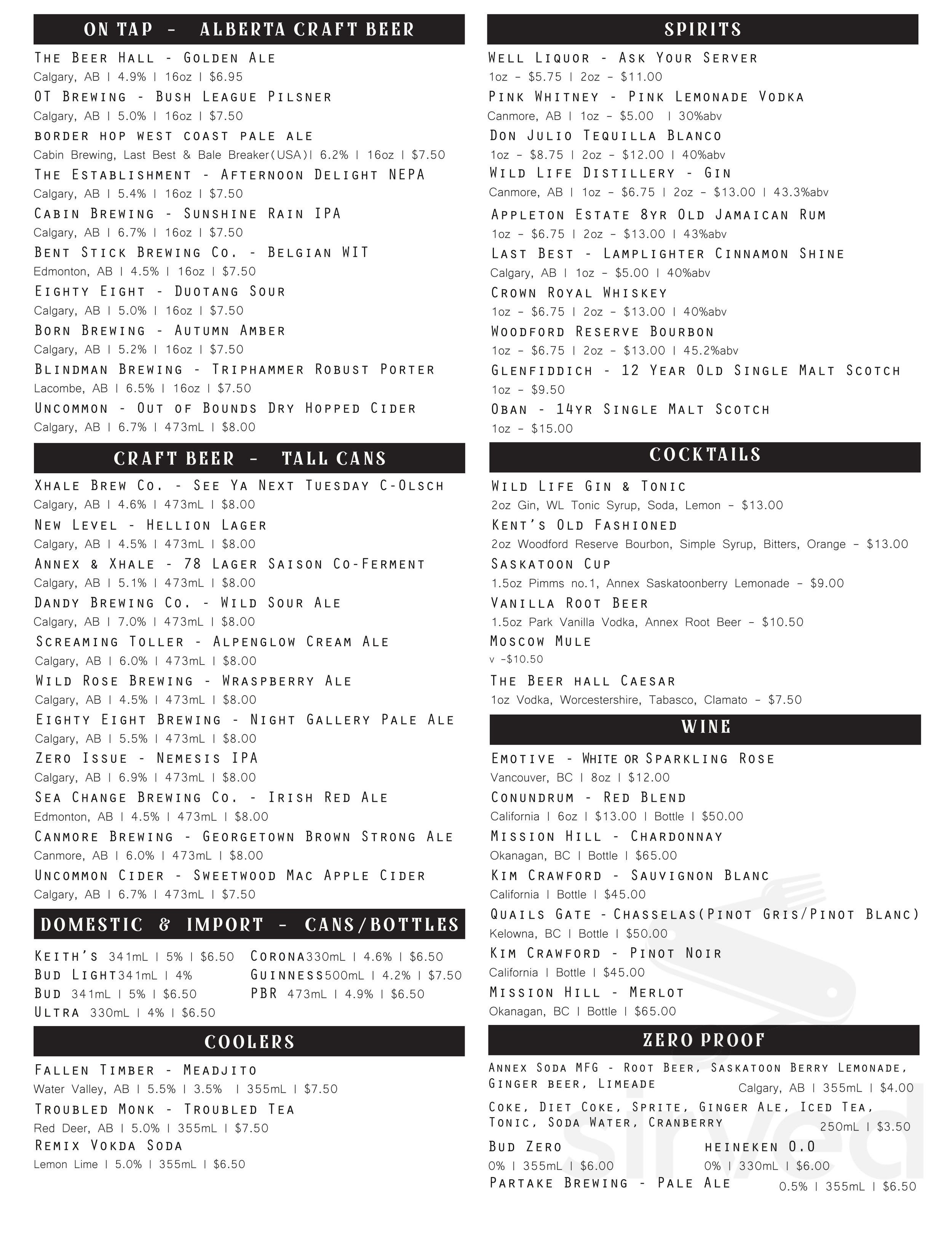 The Beer Hall at Symons Valley Ranch menu in Calgary, Alberta, Canada