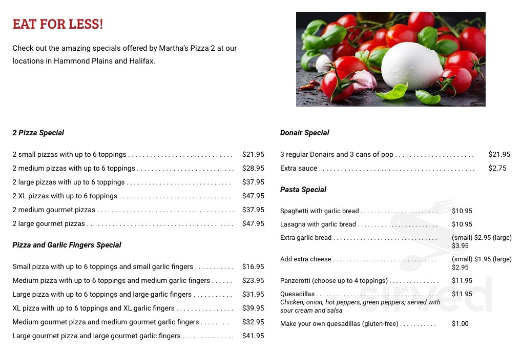 Menu for Marthas pizza II Truro in Truro, NS | Sirved