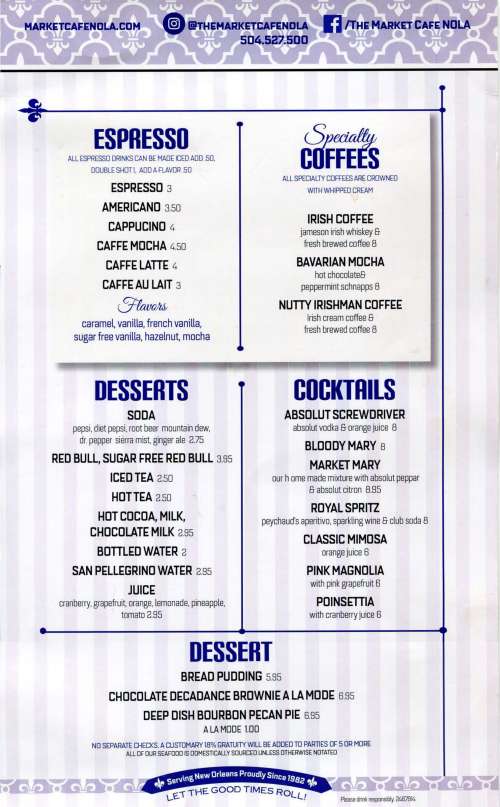 Market Cafe menu in New Orleans, Louisiana, USA